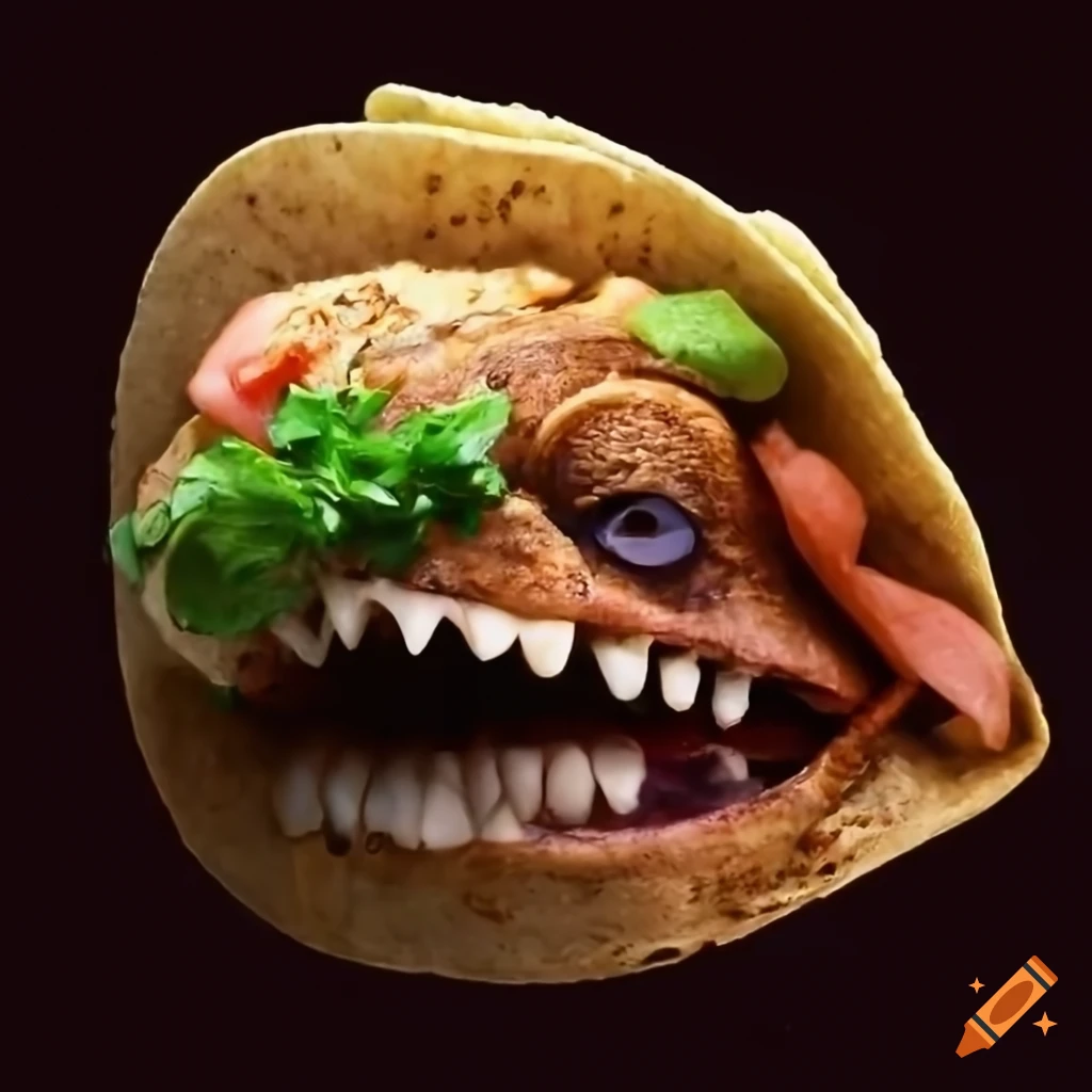 A photograph of an angry taco, sharp teeth, old photo on Craiyon