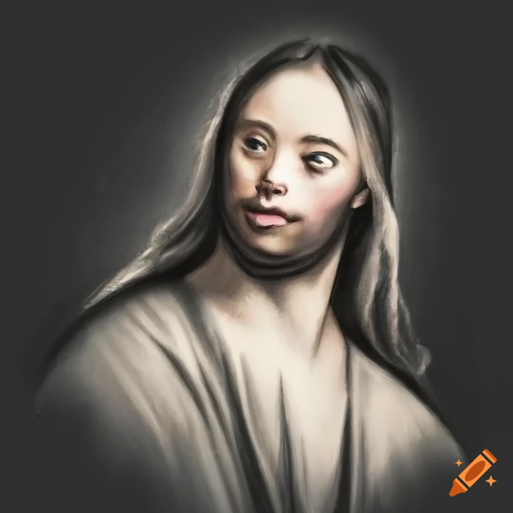 Jesus with down syndrome, rendered as a charcoal drawing on Craiyon