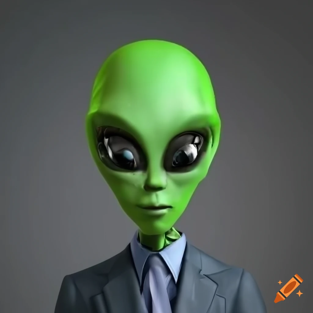 3d green alien wearing a business suit on Craiyon