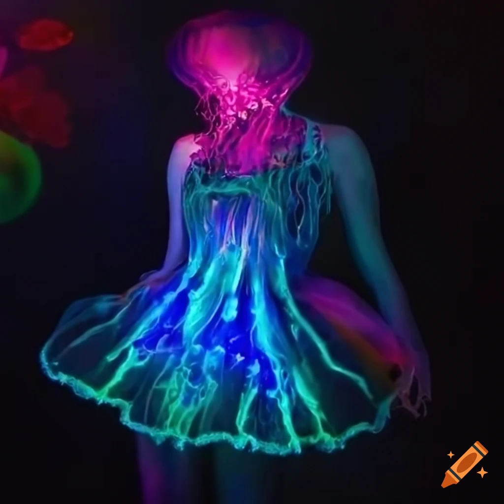Glowing jellyfish dress, weirdcore, unusual, trippy colours, beautiful ...