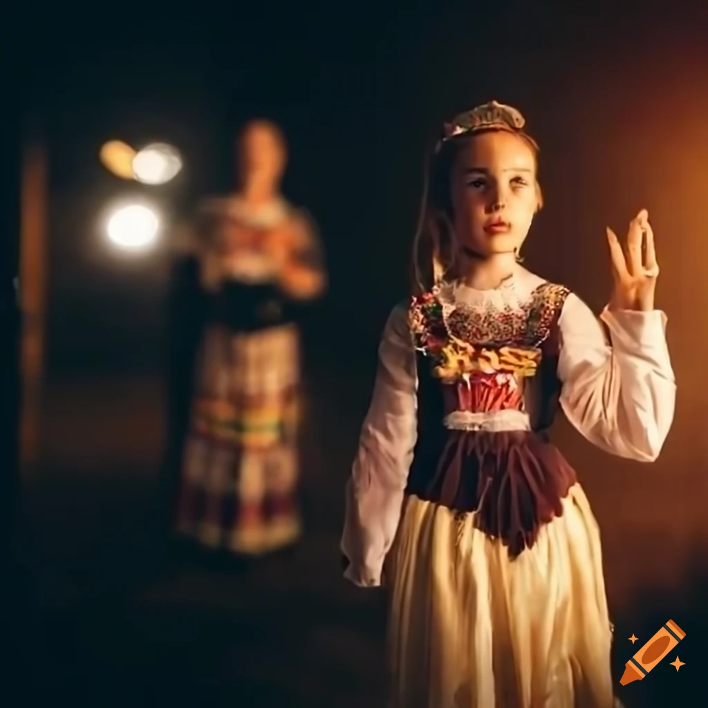 Two girls in traditional folk costume dance weird inside a barn with cows at night, moonlight