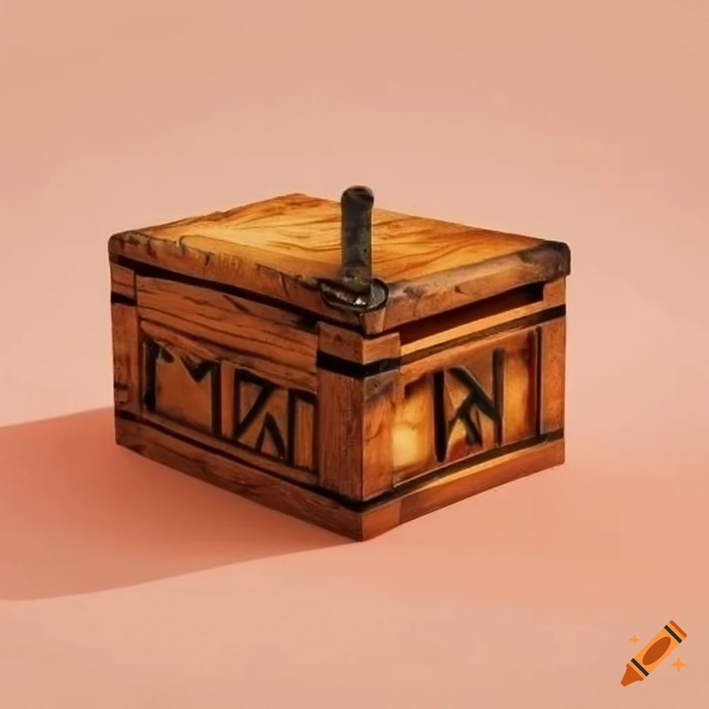 A small hinged wooden box covered in fire related runes and symbols on ...