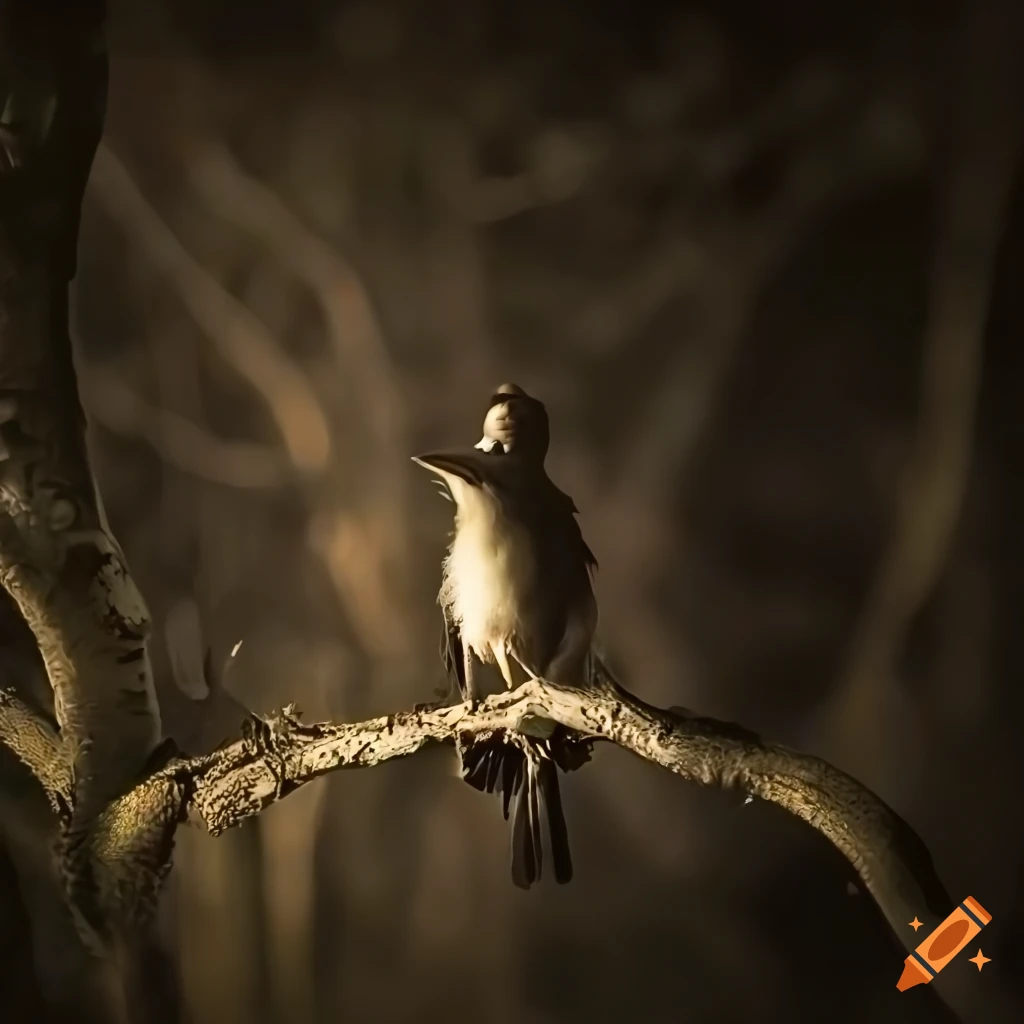 Human head with bird wings on a tree branch at night, they are singing ...