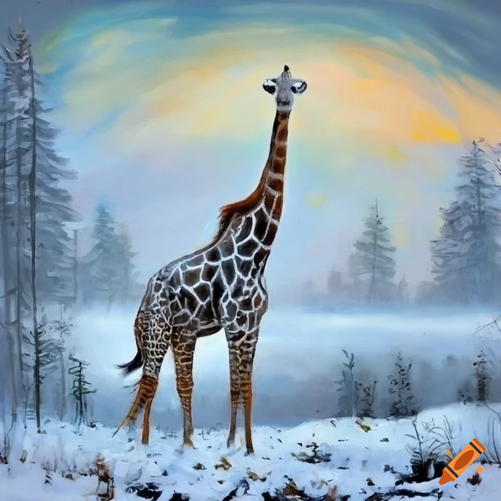 White arctic Giraffe with white and black fur in a snowy boreal forest ...