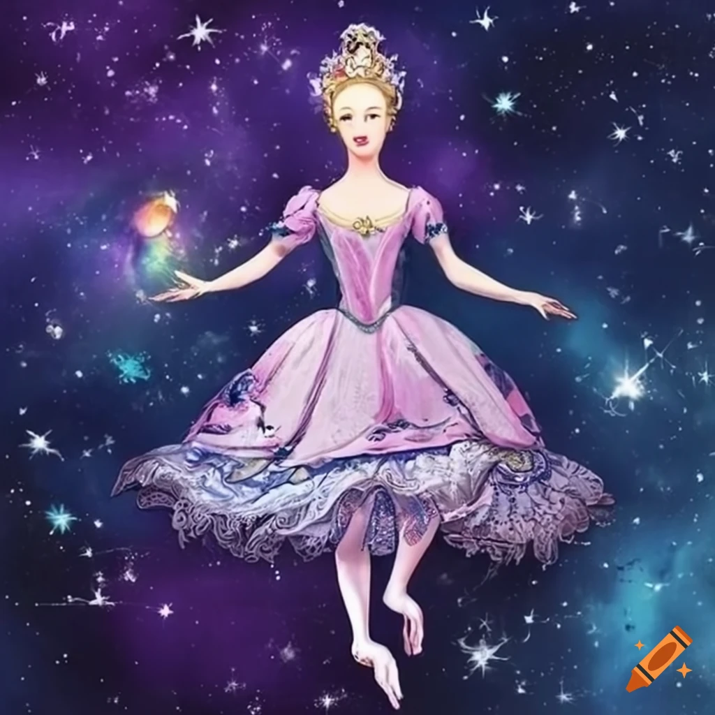 Rococo princess floating in space, dress billowing, en pointe; on Craiyon