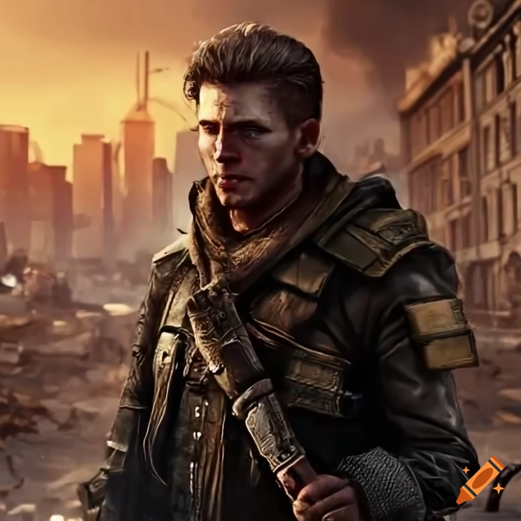 Apocalypse male survivor in black jacket, short brown hair, in ...