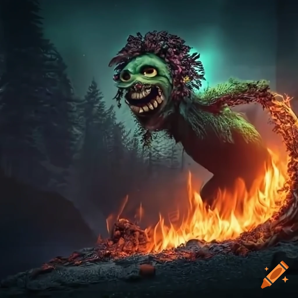 A smiling monster wreathed in flames walking on an endless road in a ...