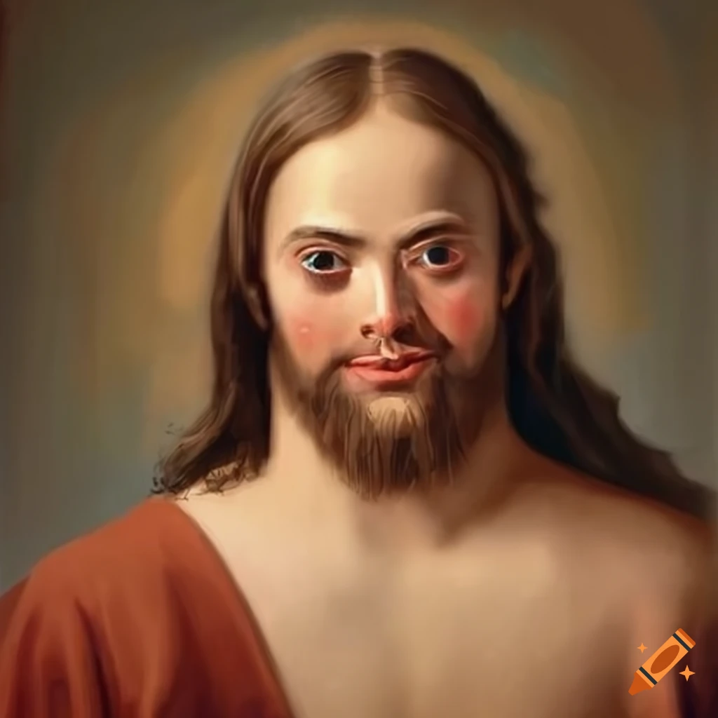 A portrait of jesus with down syndrome with a unique interpretation by arnold freiberg on Craiyon