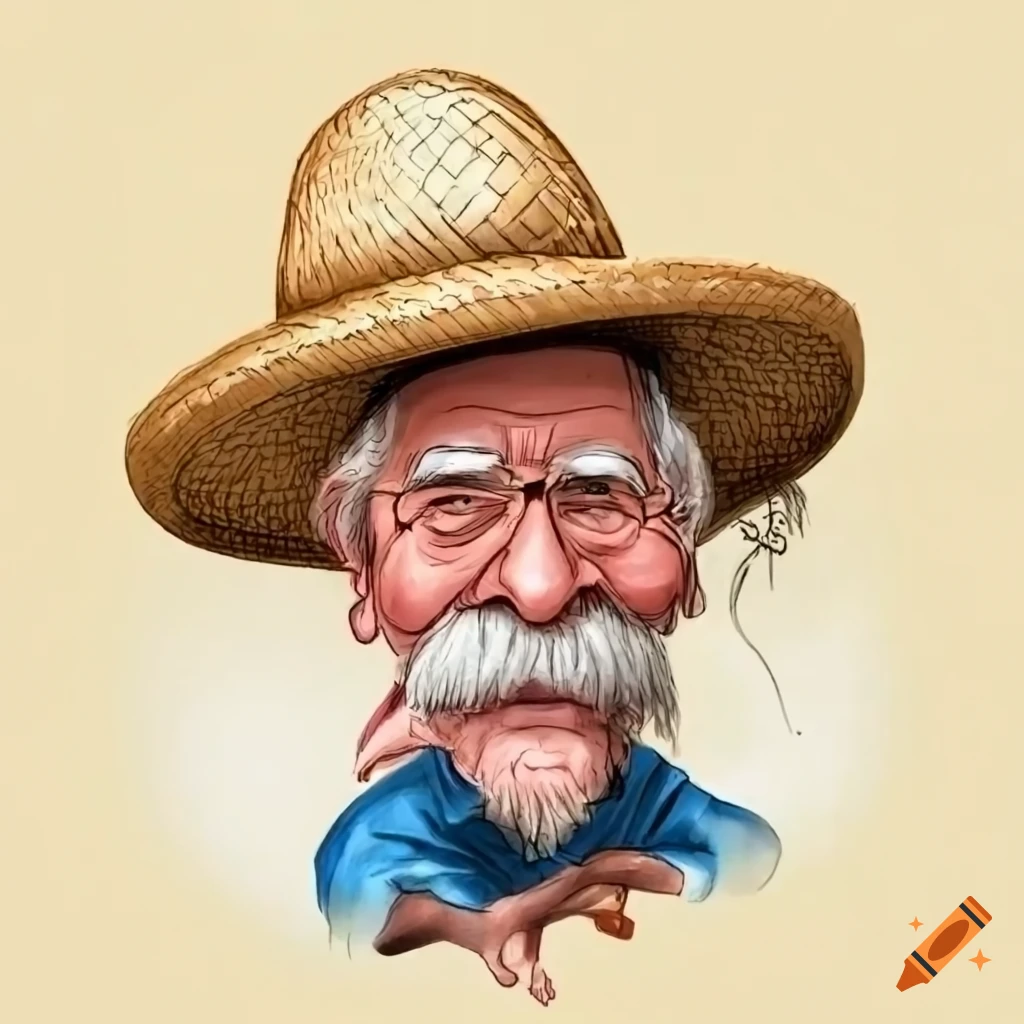 Old grumpy farmer with a straw hat, caricature exagerated detailed ...