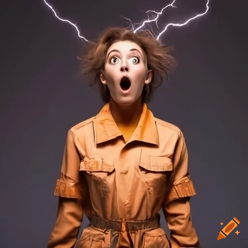 Astonished surprised shocked woman with spiky brown hair wearing pale ...