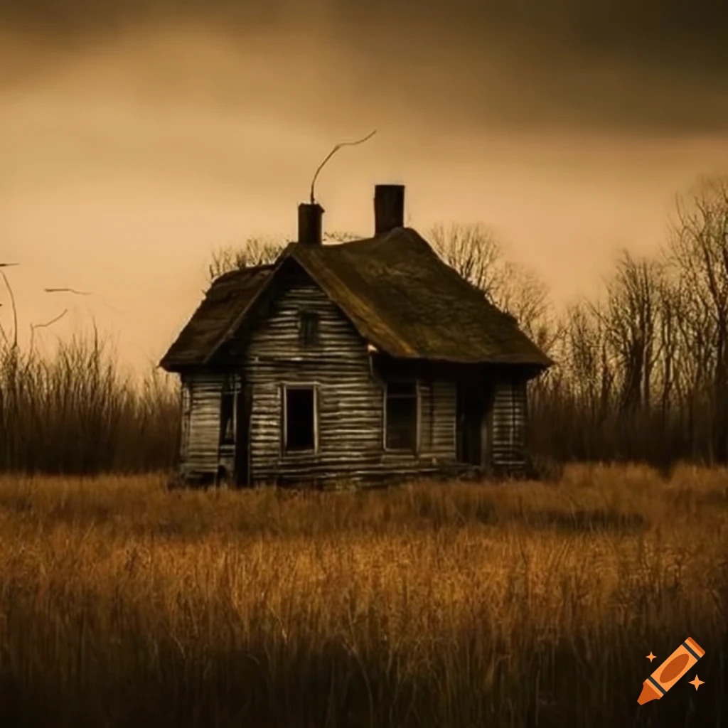 A lonely, old, beautiful house set in a dry field next to a gloomy ...