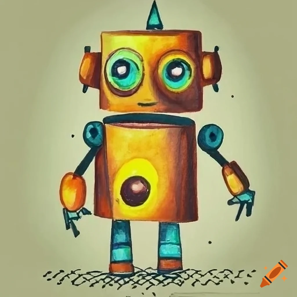 Robot antenna cute yellow crayon drawing watercolor drawing paper ...