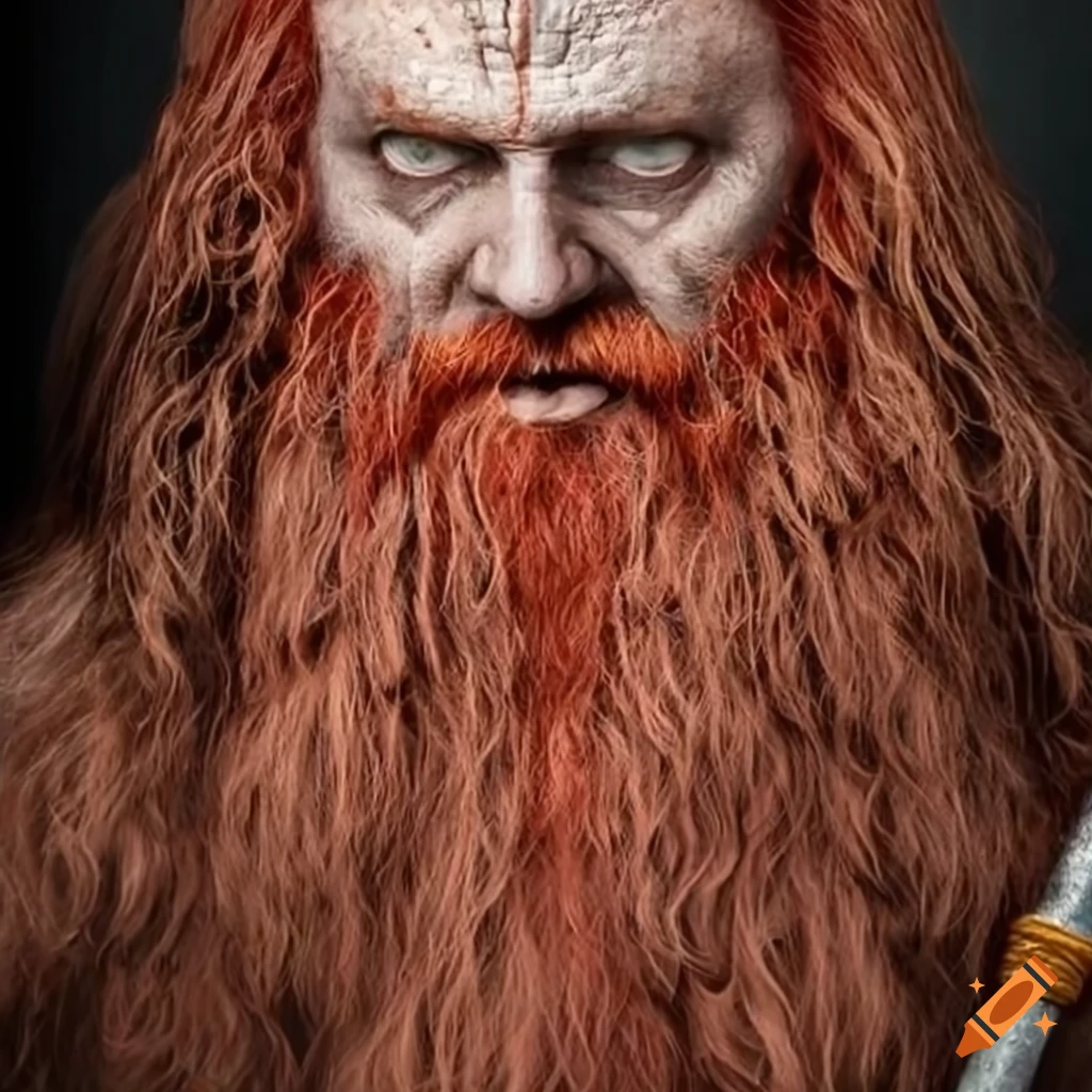 A realistic nordic Red bearded god stands on the left side holding a ...