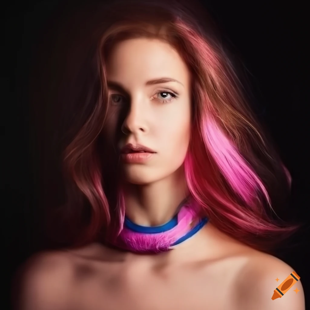 Front-facing-portrait woman wavy-hair wearing a high-pink-collar on Craiyon