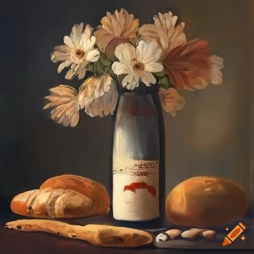 A still life painting with bread flowers and wine on Craiyon