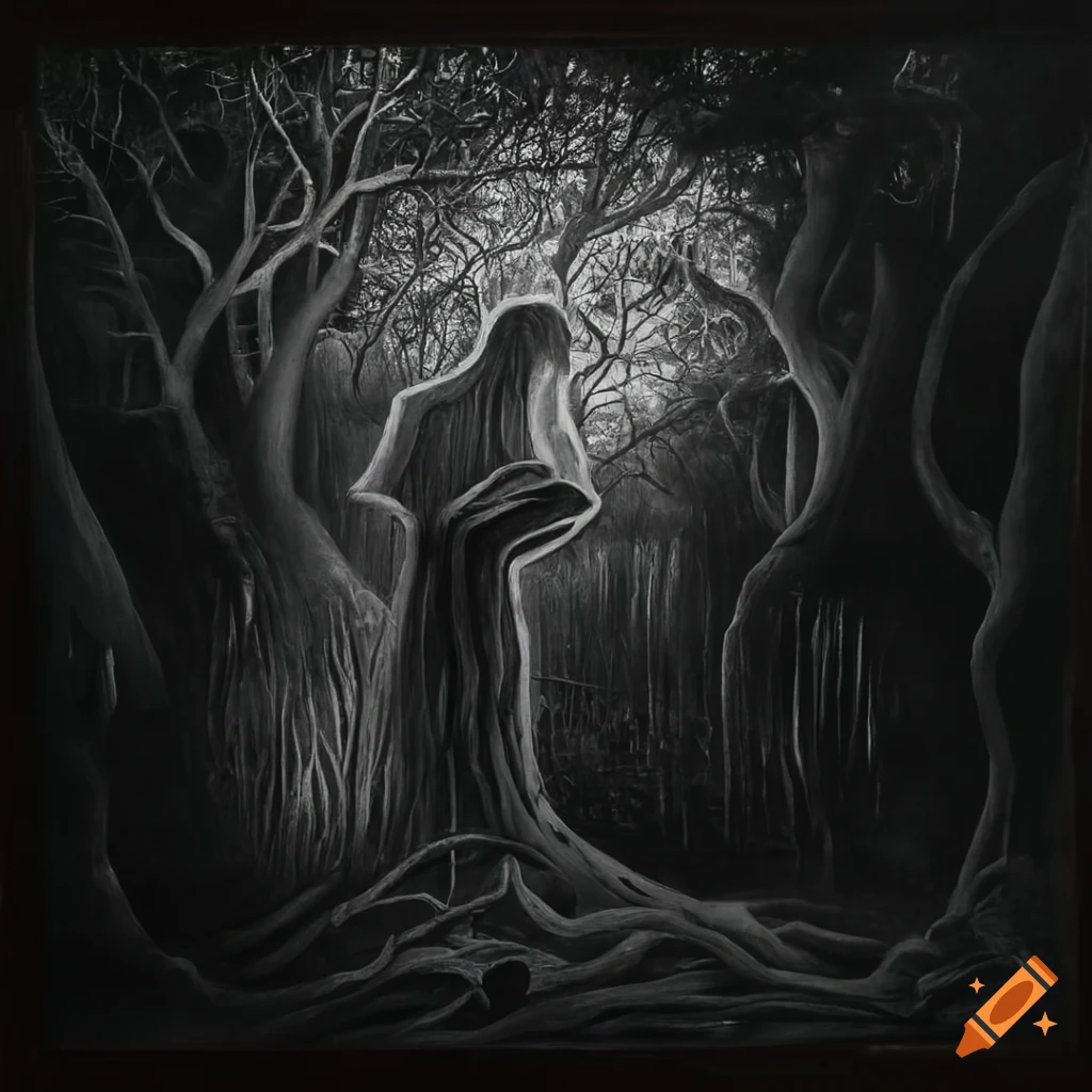 A mystical tree-like figure engrossed in reading amidst a tranquil ...