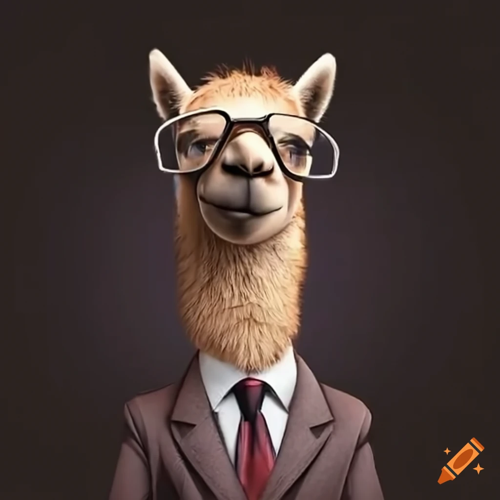 An intelligent, brown llama in a professor's suit with glasses and a ...