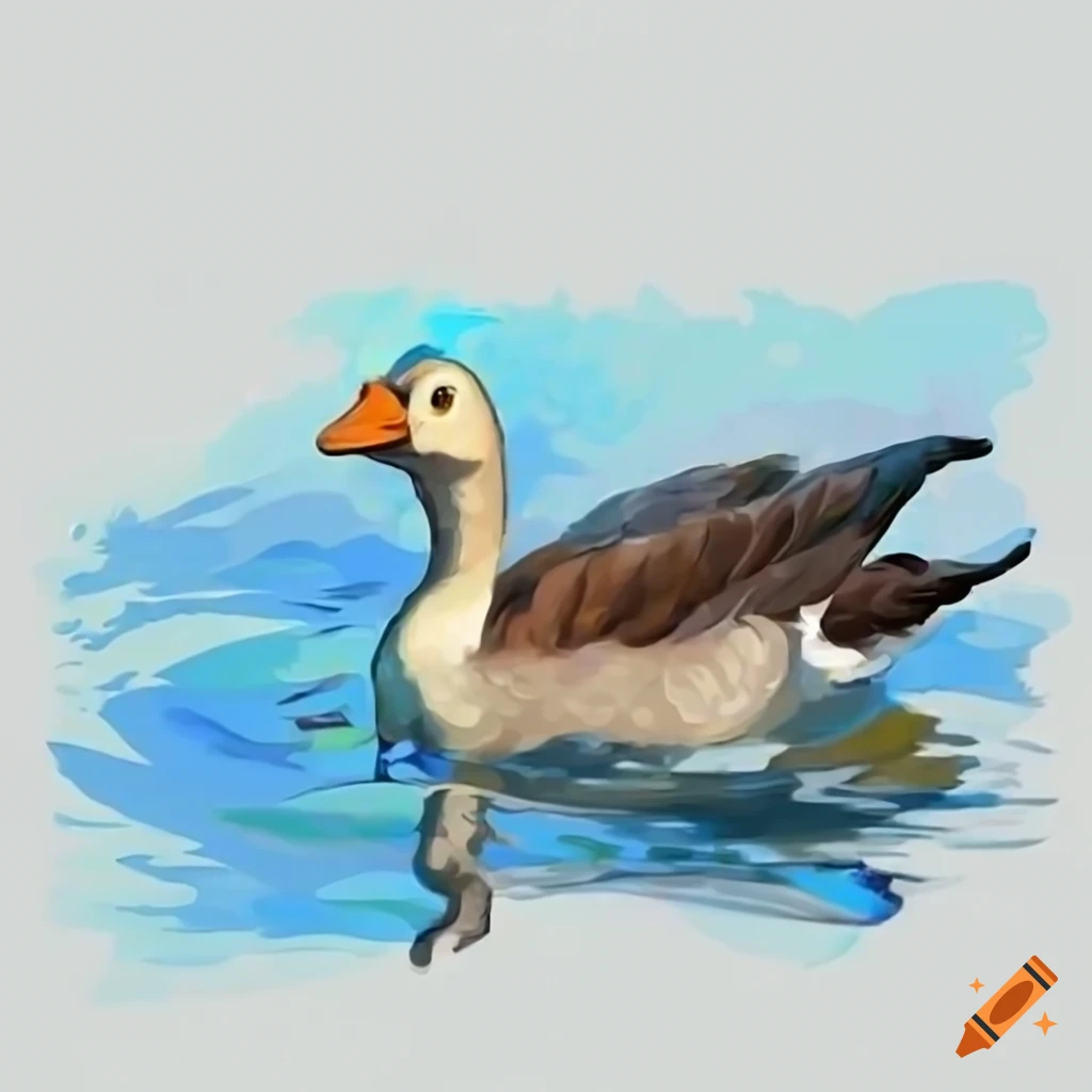 Cartoon goose bathing in pond white background