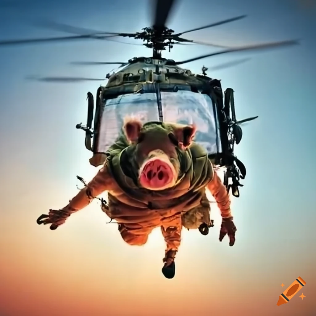 A brave pig parachuting from a helicopter during a mission