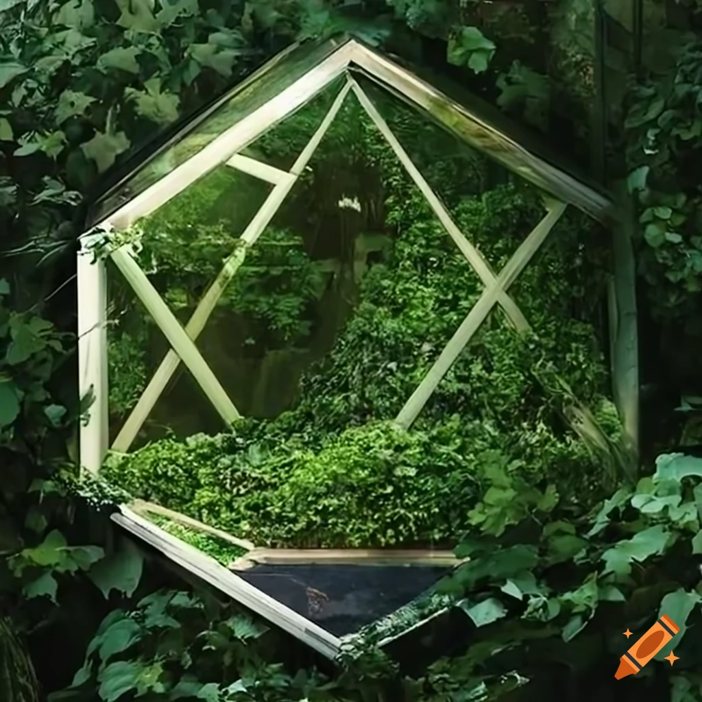 A unique pentagon-shaped greenhouse covered in lush ivy on Craiyon