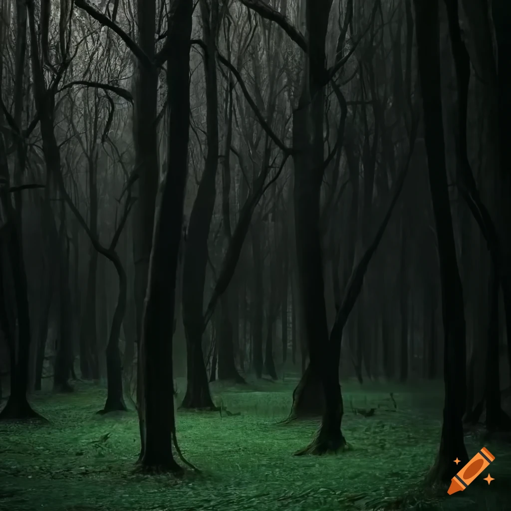 Dark and twisted forest. The trees are tall and looming, and the ...