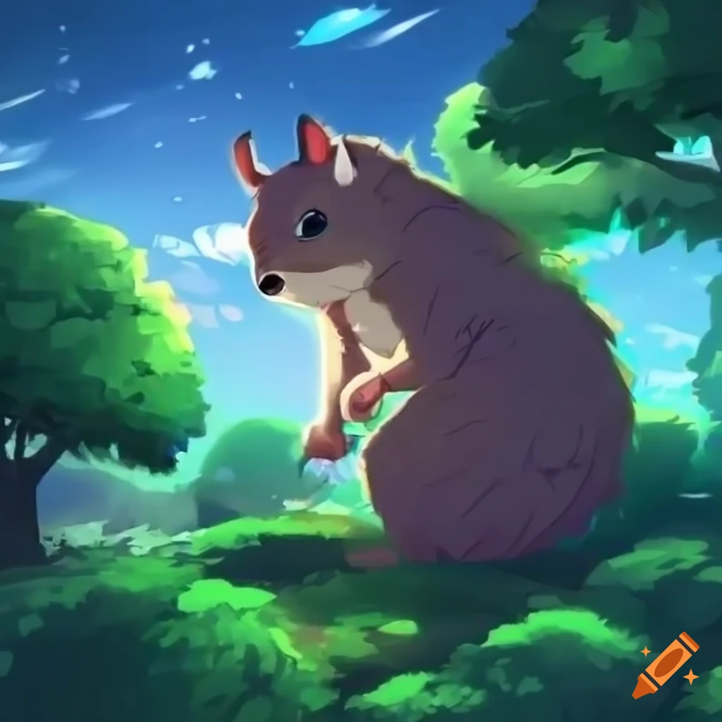 Gigantic big squirrel surrounded by small trees, anime style