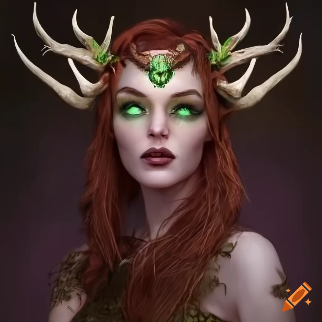 Female dryad sorceress with fern headdress, sharp antlers and glowing ...
