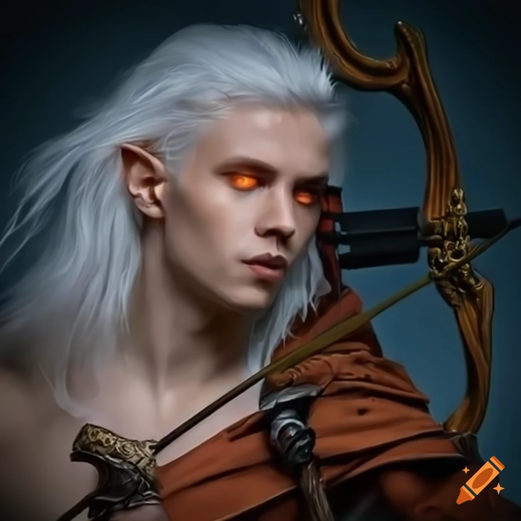 A skilled archer male elf with striking white hair and captivating ...