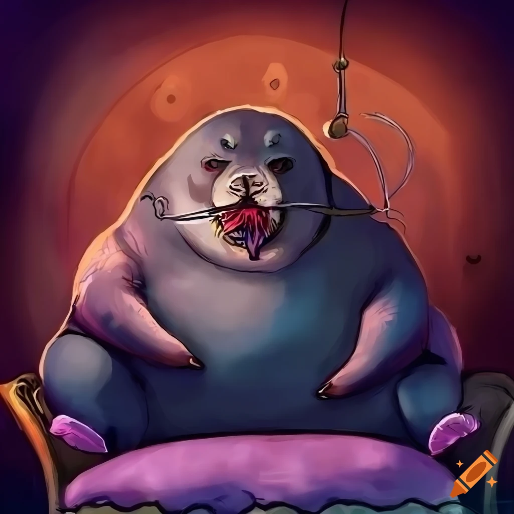 A fat gluttonous leopard seal lounging on a cushioned dais smoking a ...