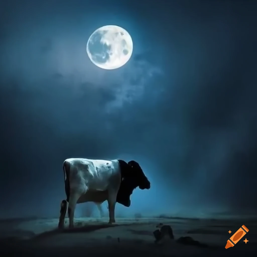 Tiny, sad angel inside a barn with cows at night, moonlight on Craiyon