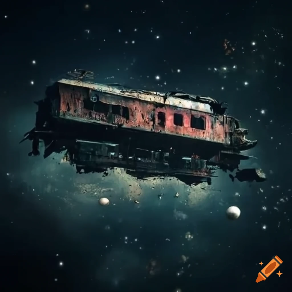 An abandoned locomotive floating in space, surrounded by debris and ...
