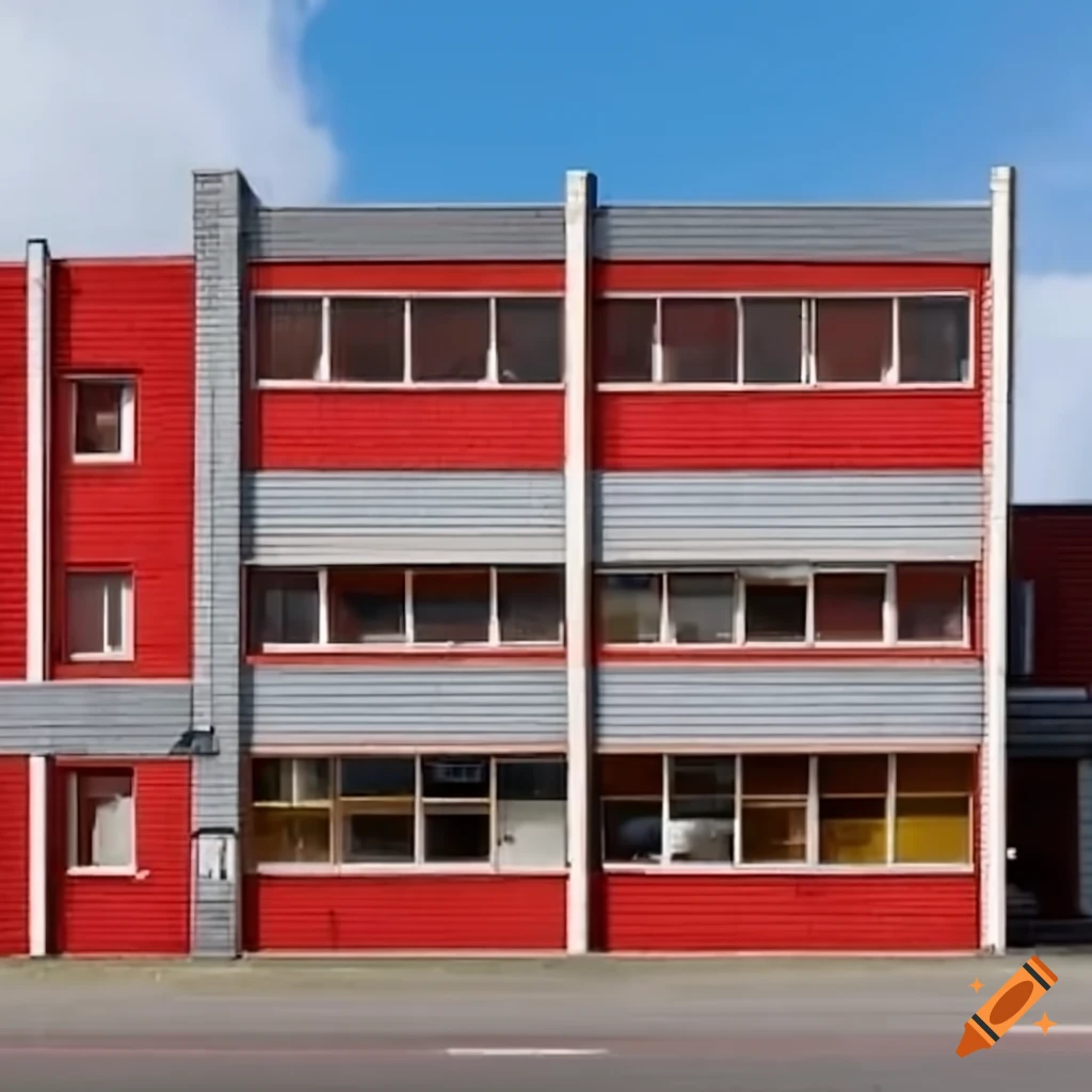 Grey and brown with a small bit of red two storey school buildings with ...
