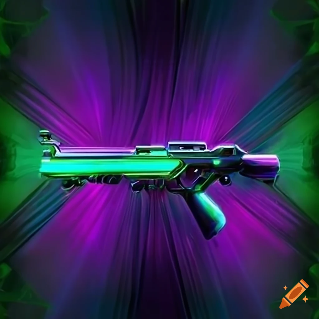 A futuristic alien weapon emitting vibrant purple and green rays