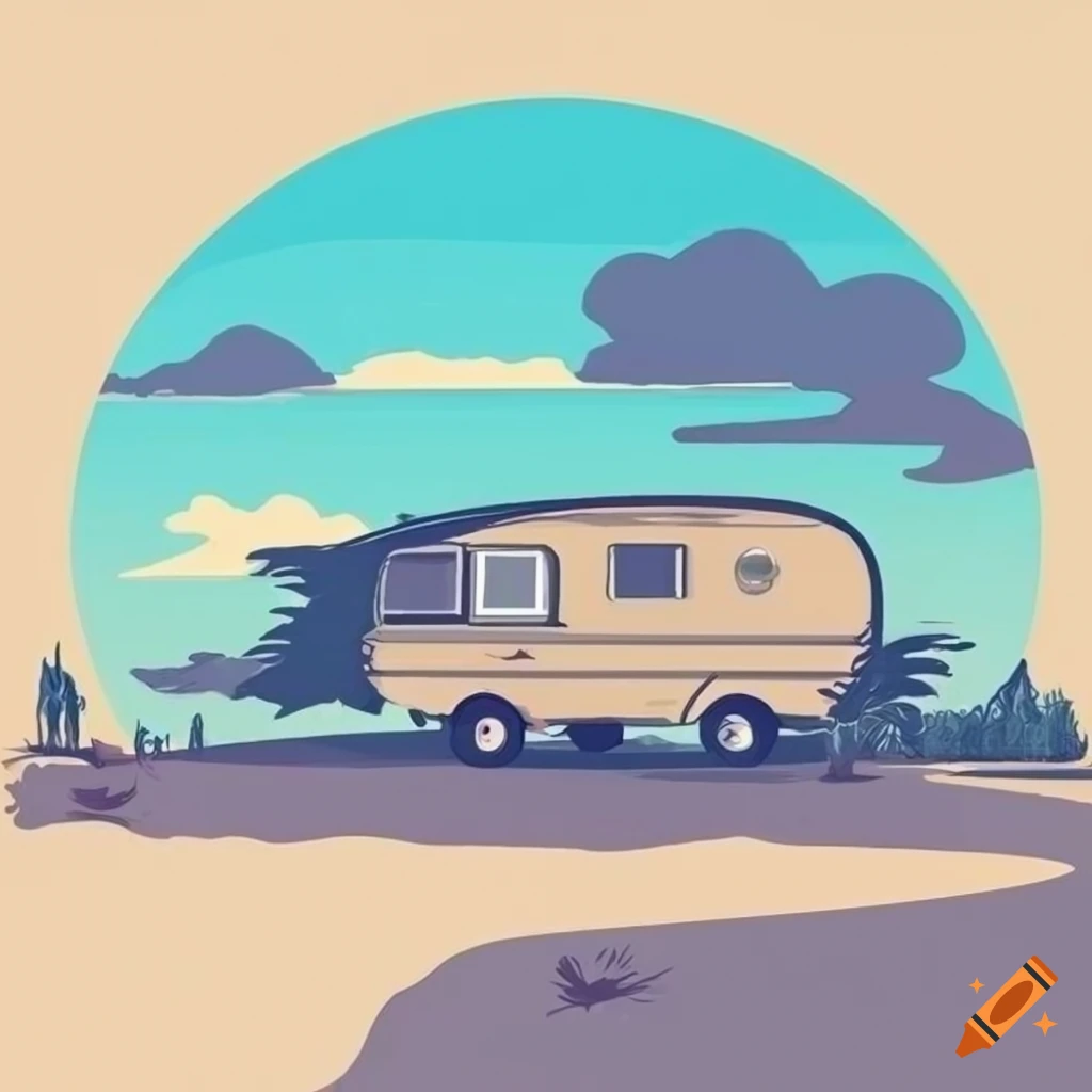 Design featuring a classic caravan parked amidst scenic landscapes ...