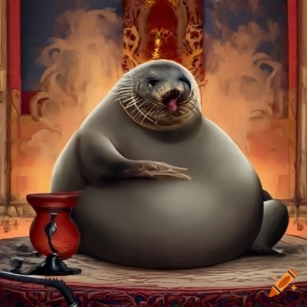 A fat gluttonous leopard seal lounging on a cushioned dais smoking a ...