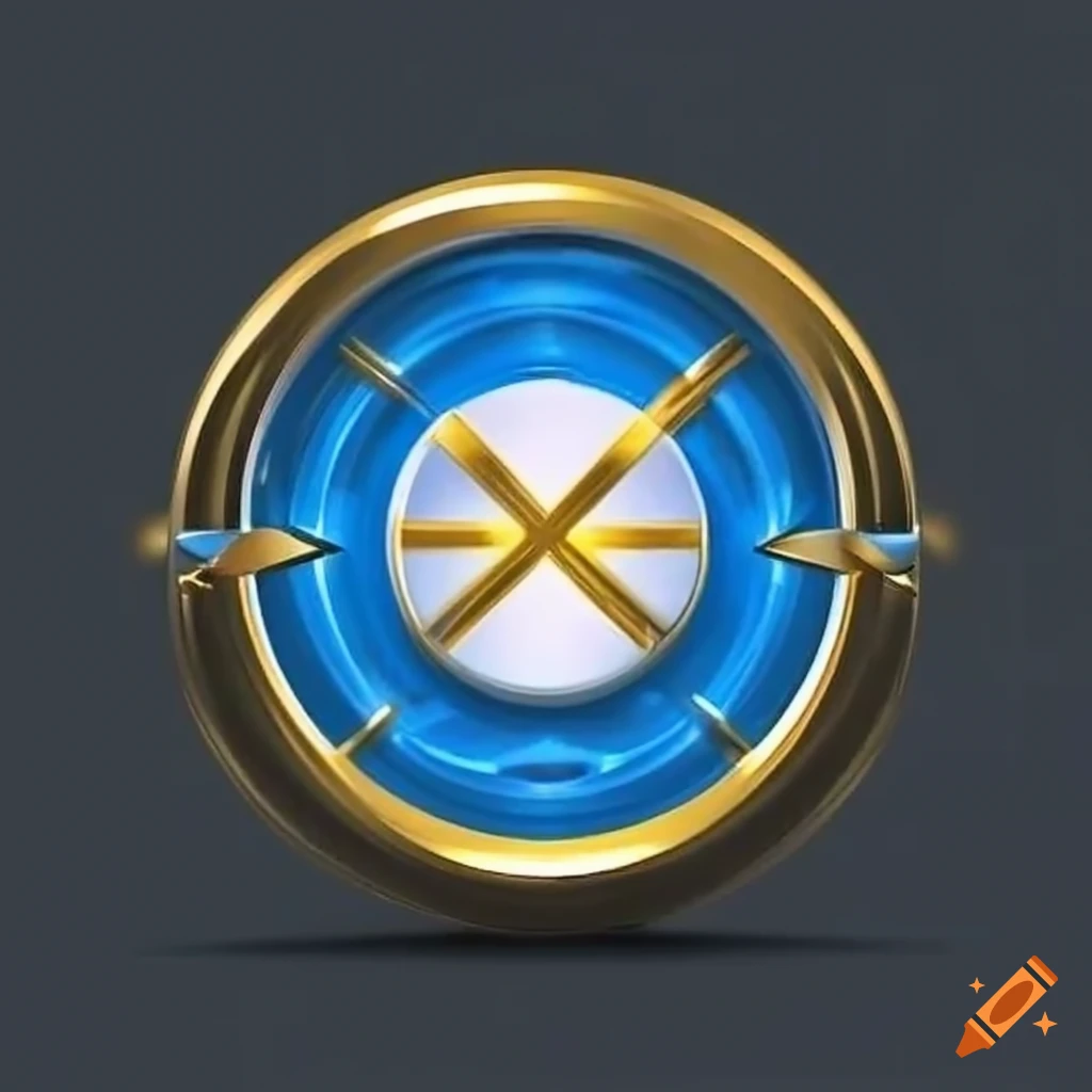 A sleek white and gold insignia with illuminated blue accents