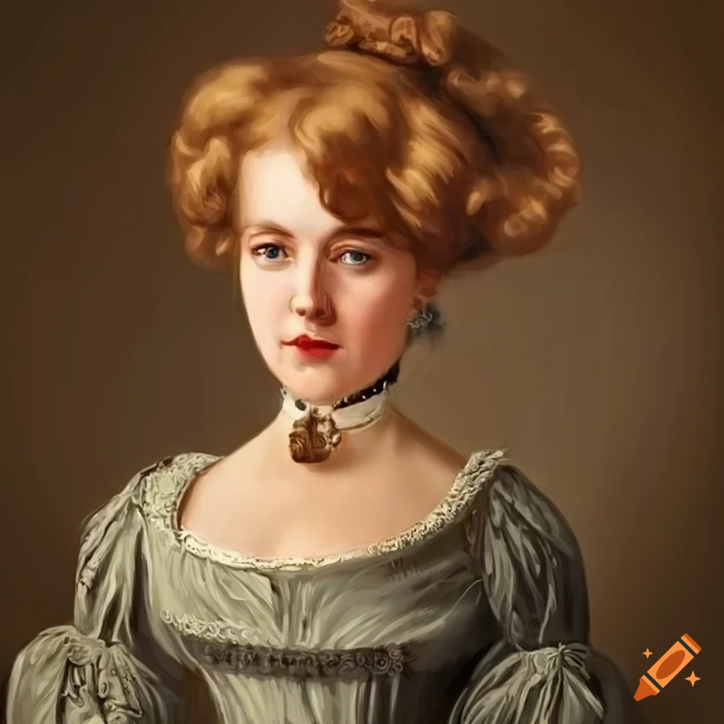 Elegant lady with chesnut hairs dressed in 19th century attire - Craiyon