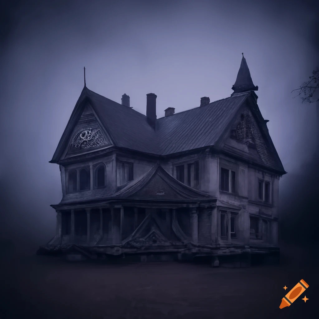 Quaint spooky house sitting on the outskirts of a haunted town, foggy ...