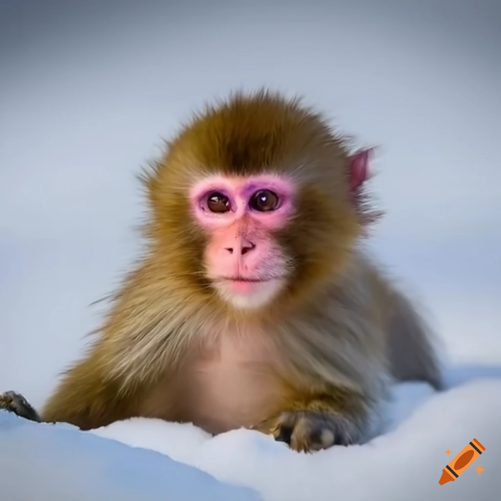 A playful young snow monkey in a snowy landscape