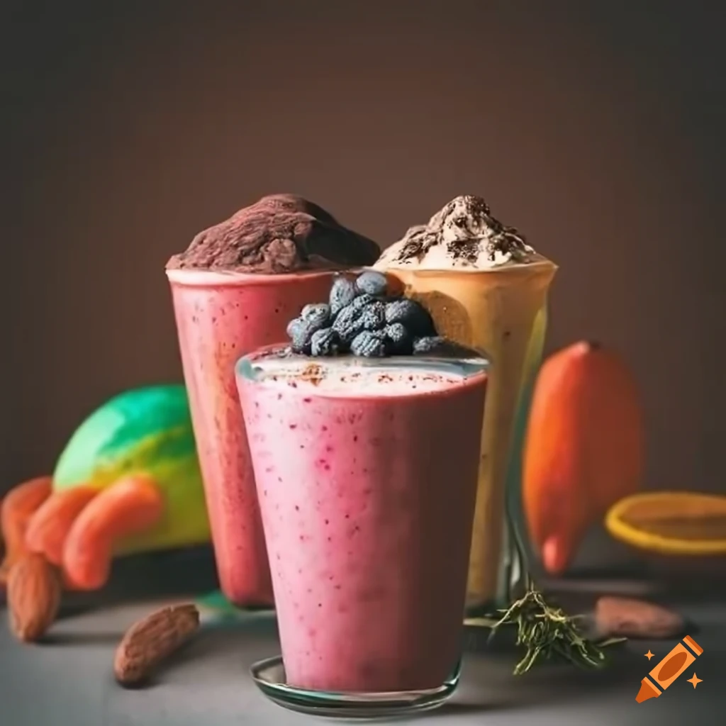 A colorful display of cocoa drink ingredients including fresh fruits and herbs