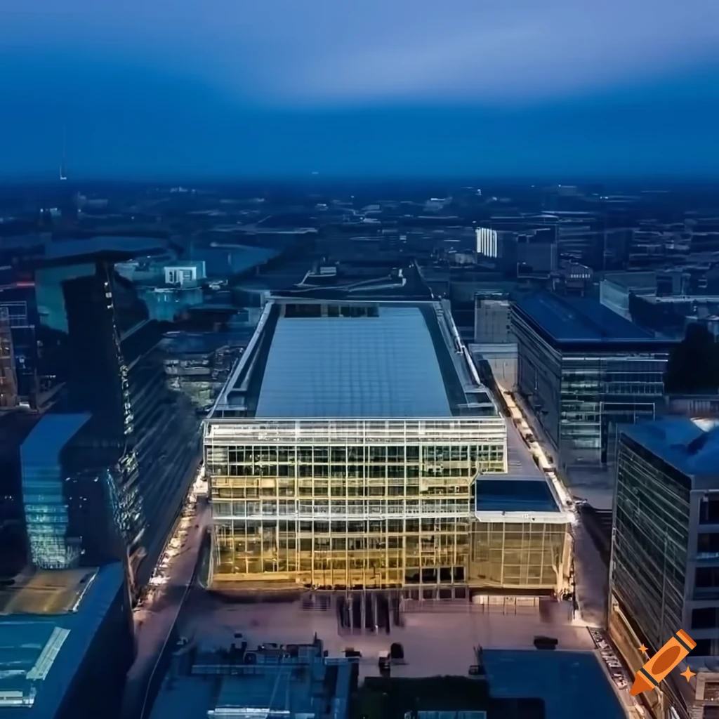 Aerial view of large corporate office building with metal and glass facade