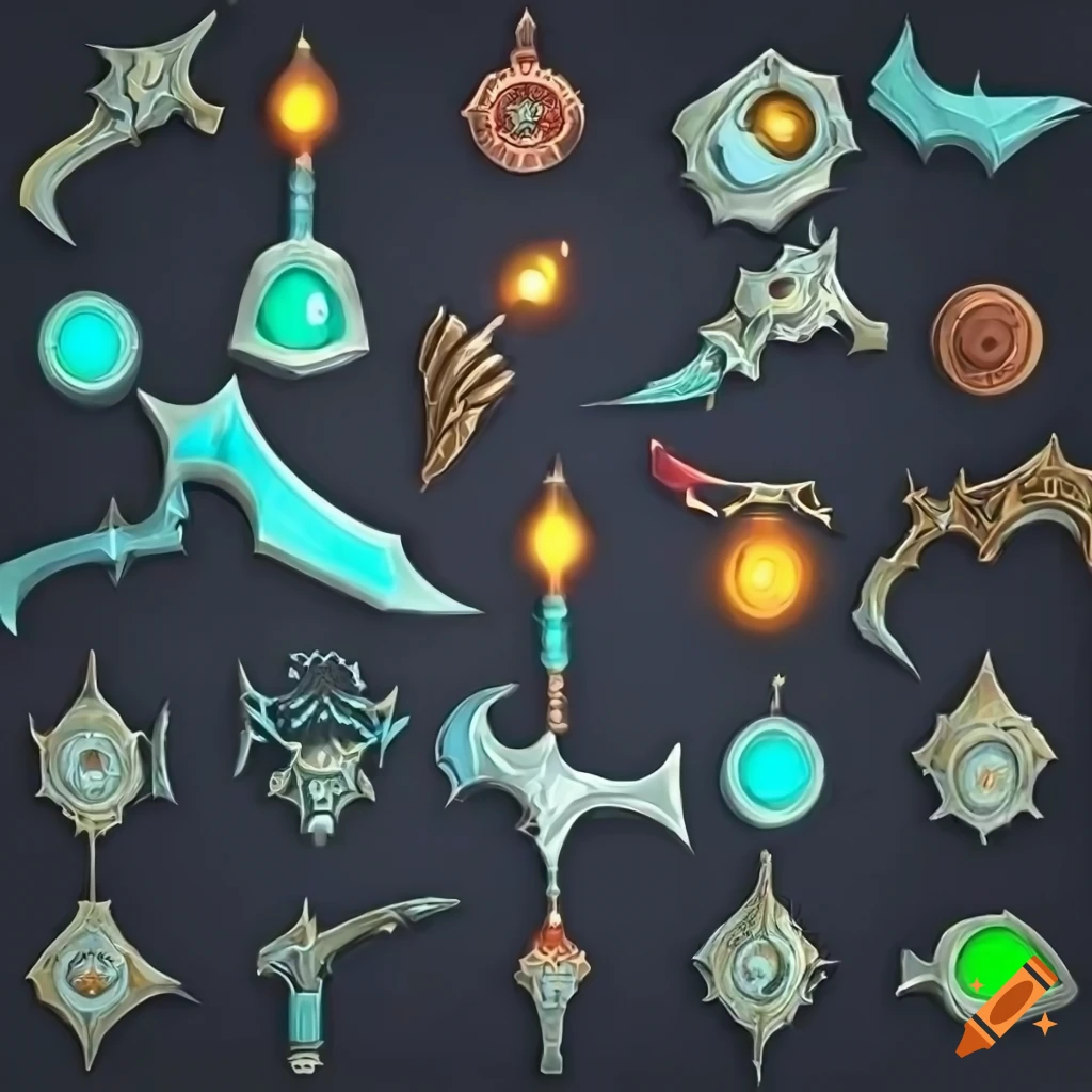 Collection of fantasy weapon icons for game design on Craiyon