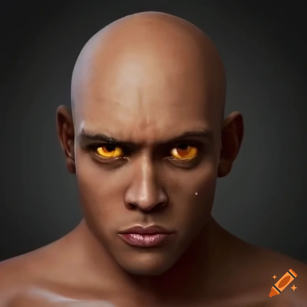 Portrait of a massive man with brown skin, bald, wih golden eyes on Craiyon