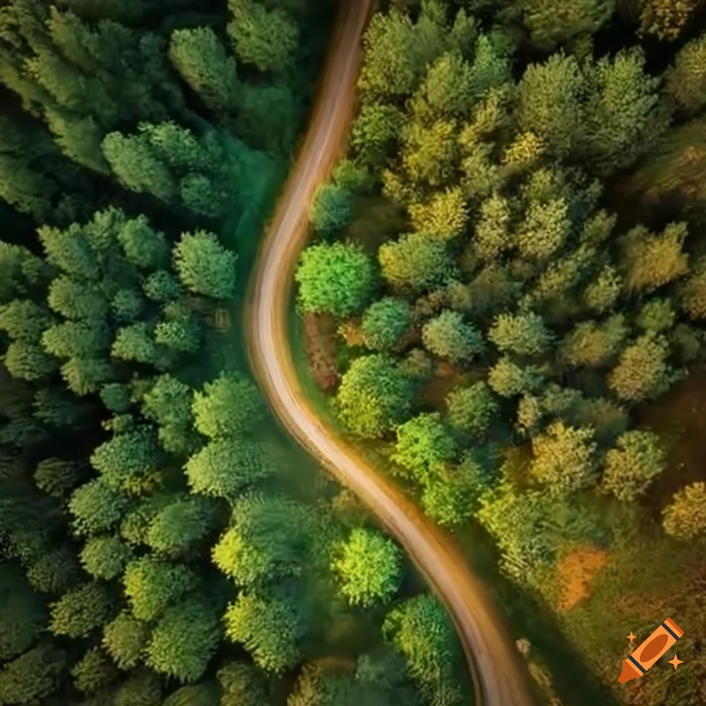 A path in a forest with a river crossing the path from above