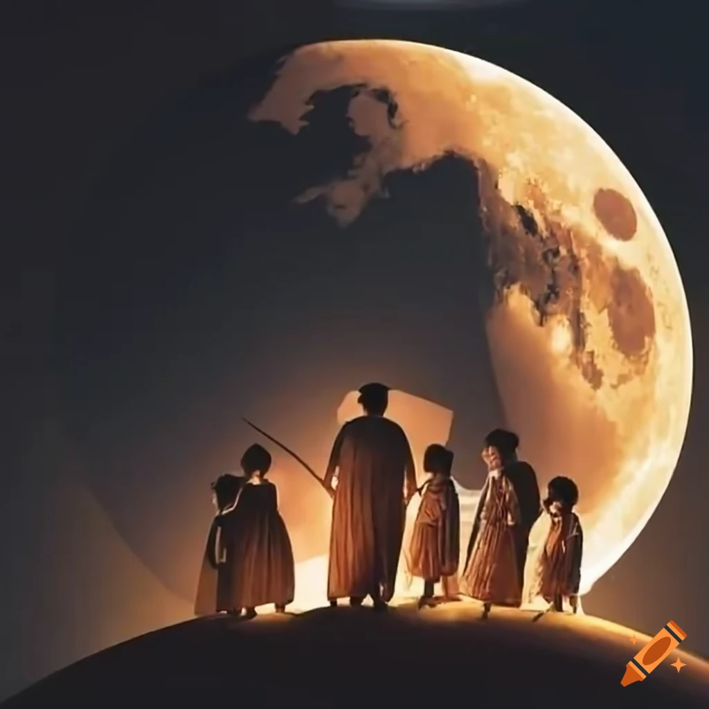 Amish family churning butter on the moon with earth in the background