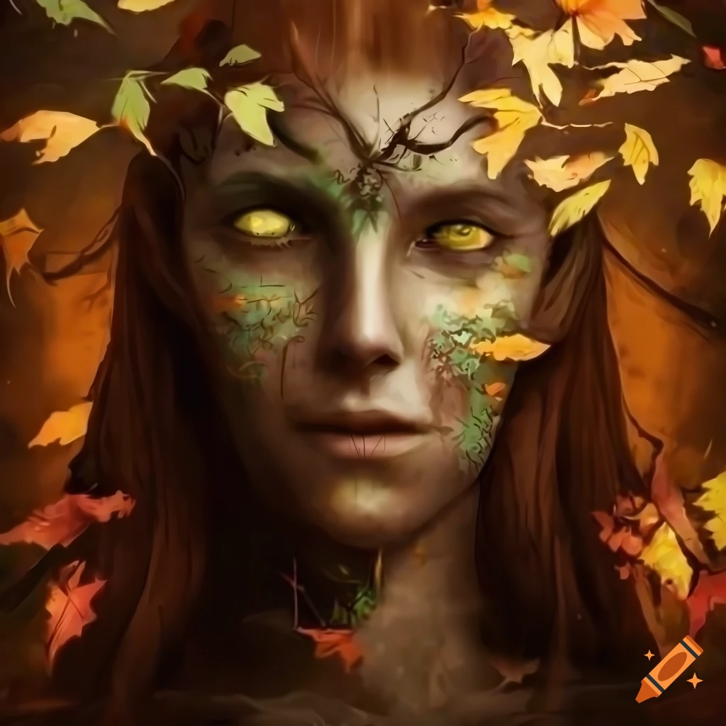 A mystical tree person with a battle-worn face, autumn leaves for hair ...