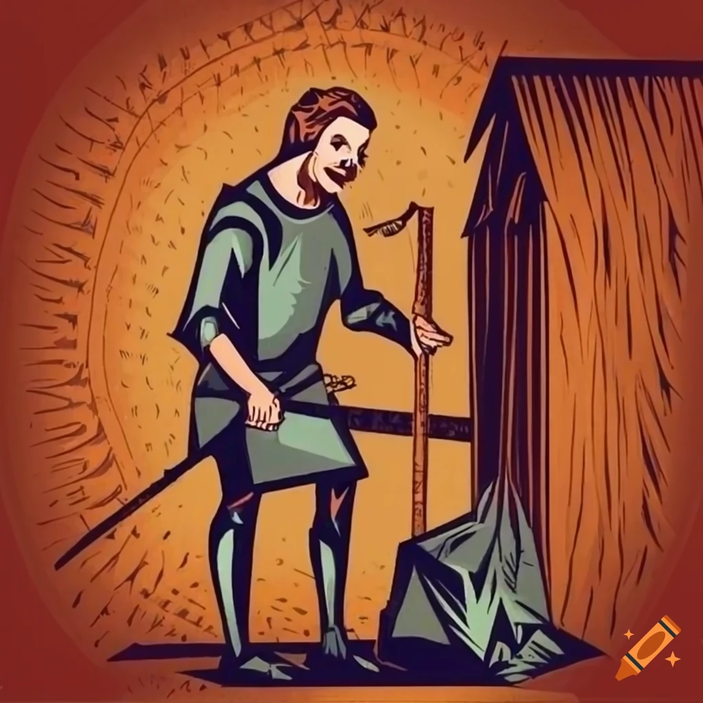 Medieval man cleaning out a shed confused drawn in woodcut style