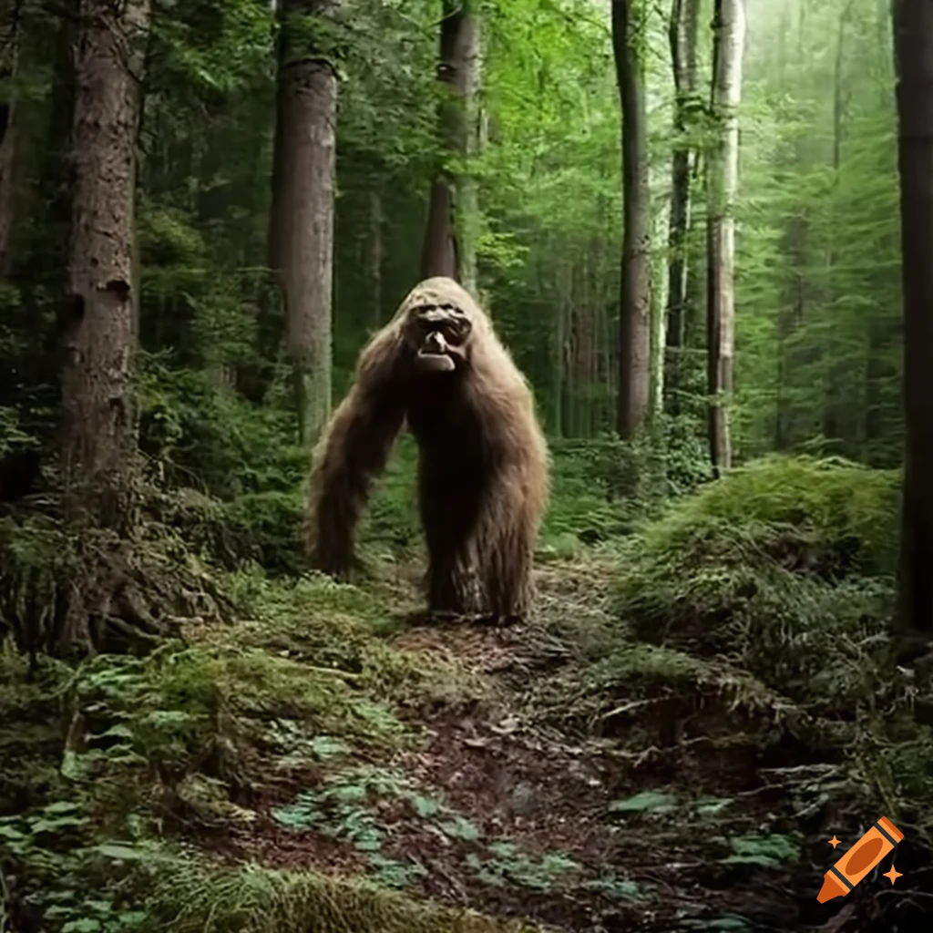 Bigfoot walking from right to left, in dense woods