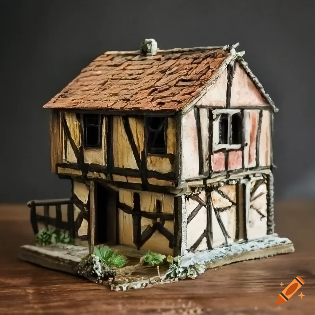 A mini two-story medieval house, miniature diorama