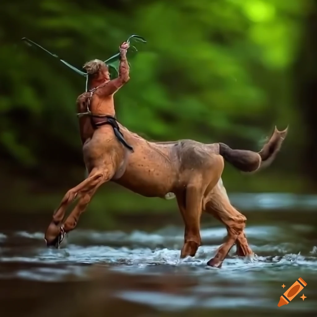 Several young centaurs crossing a deep forest river; waist deep ...